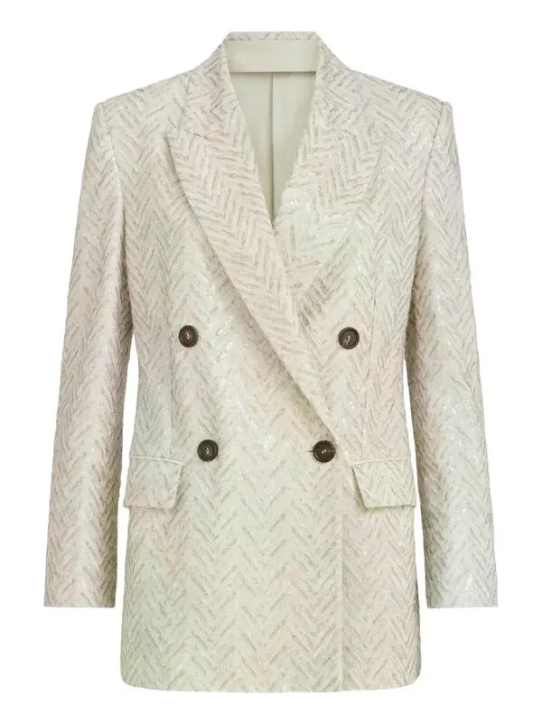 Brunello Cucinelli Linen Maxi Chevron Embroidered Blazer - Neutrals