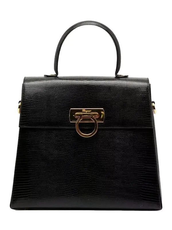 FERRAGAMO Lizard Embossed Gancini Top Handle Satchel - Black
