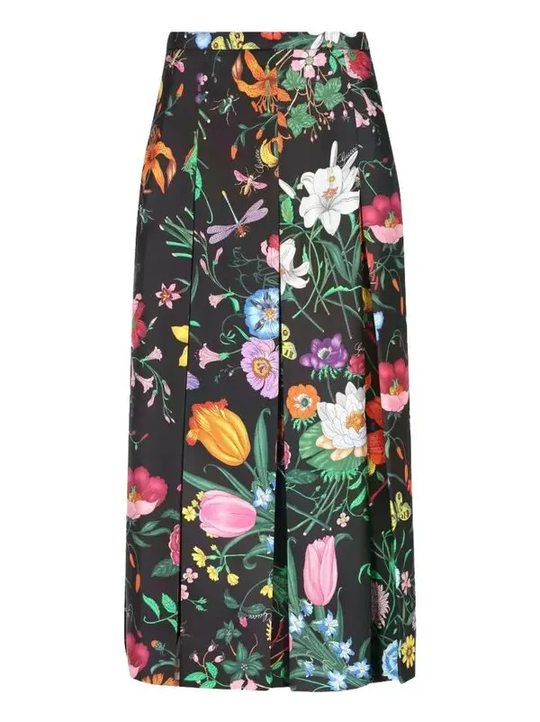 Gucci Printed Silk Twill Pleated Midi Skirt - Black