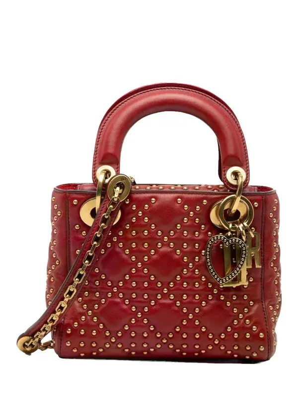 Dior 2017 Mini Lambskin Cannage Studded Lady Satchel - Red