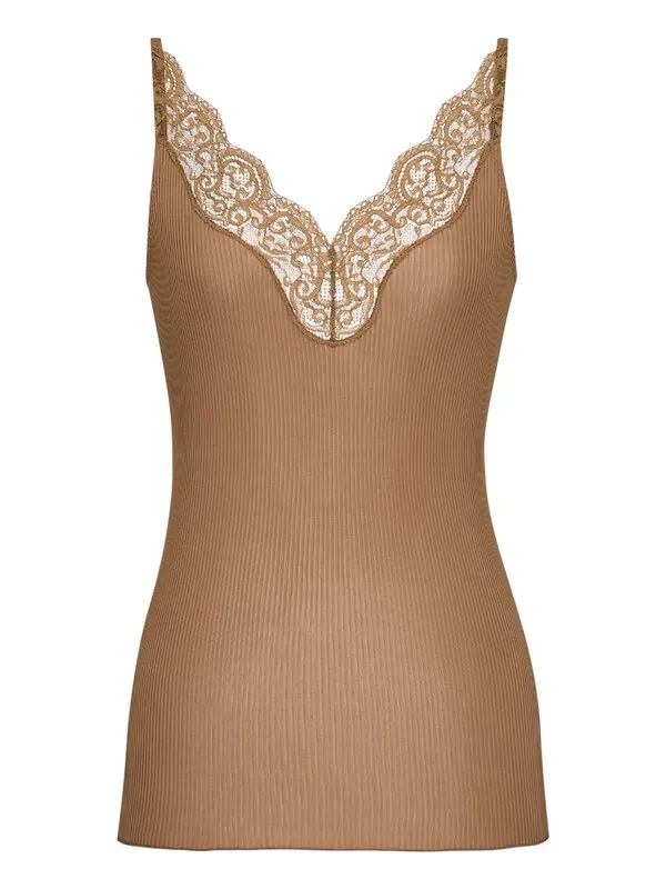 Saint Laurent Silk Lace-trim Tank Top - Brown