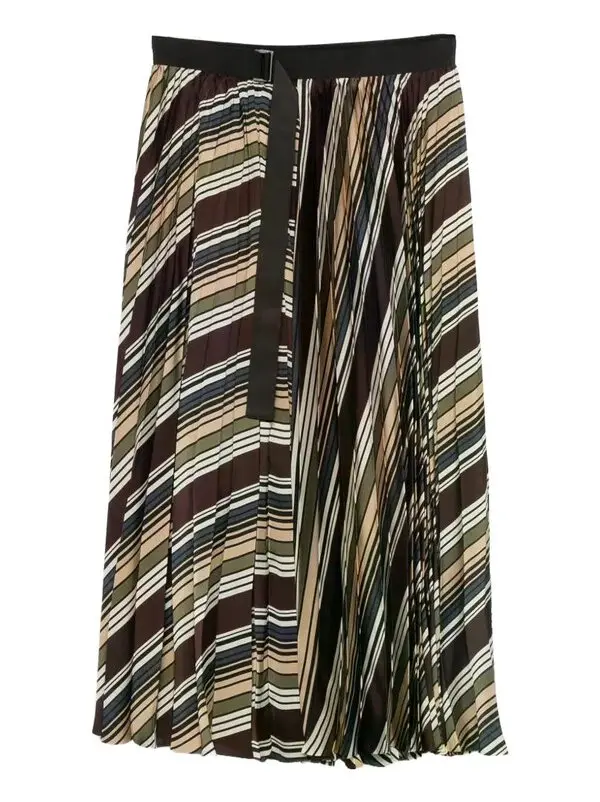 Sacai Striped Pleated Midi Skirt - Brown