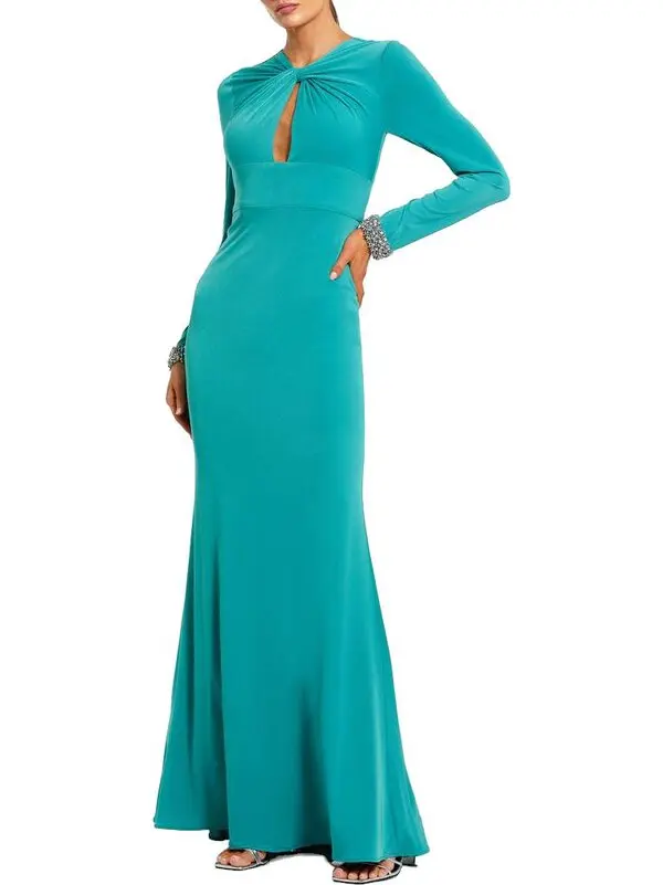 Mac Duggal Jersey Long Sleeve Twist Neck Evening Gown - Teal