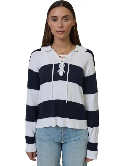 Central Park West Chelsea Rugby Striped Knit Polo - Navy Stripe