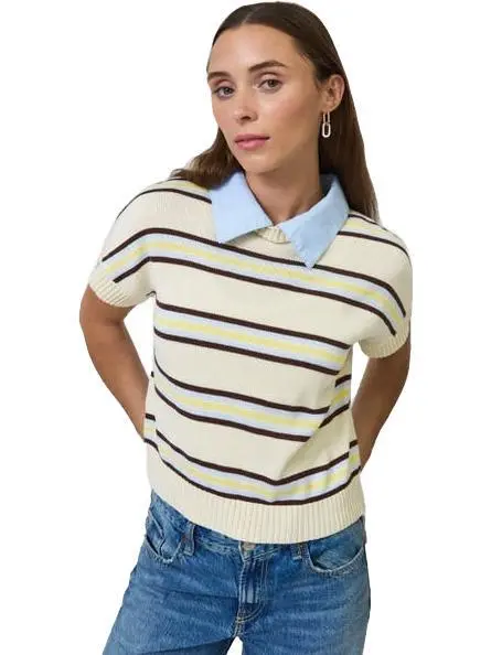 Central Park West Striped Oxford Collar T-shirt - Blue Stripe