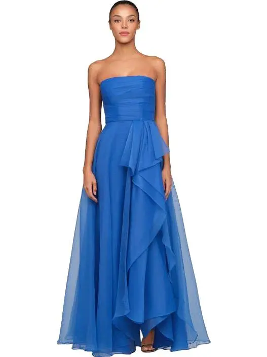 Theia Teresa Strapless Draped Organza Gown - Brilliant Blue