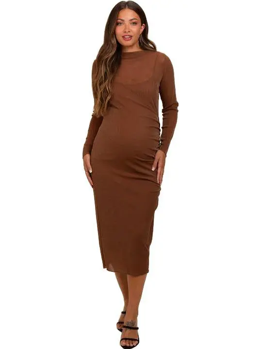 PINKBLUSH Shimmer Mesh Long Sleeve Ruched Maternity Midi Dress - Brown
