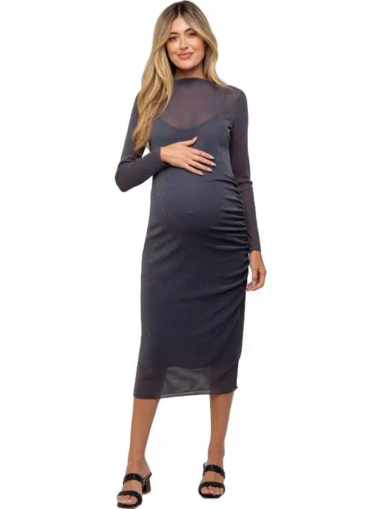 PINKBLUSH Shimmer Mesh Long Sleeve Ruched Maternity Midi Dress - Charcoal Grey