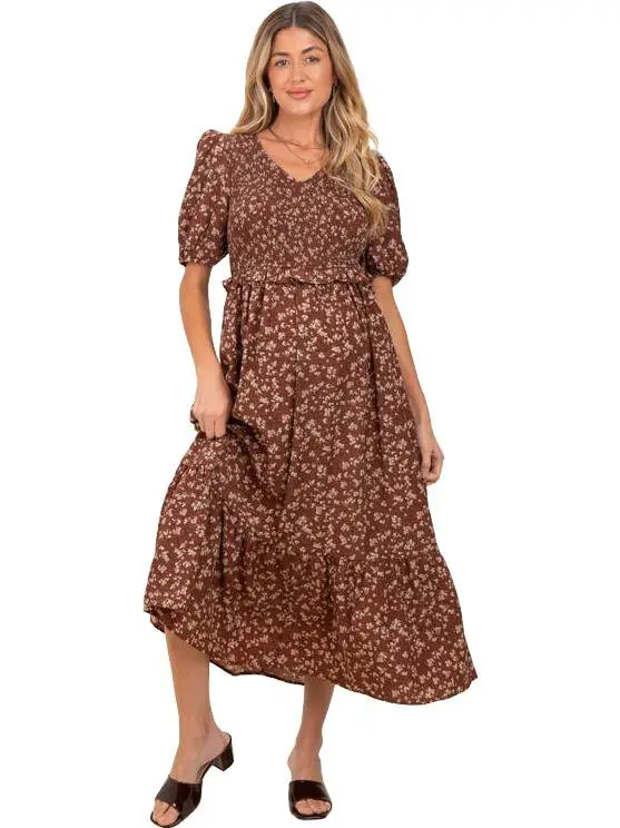 PINKBLUSH Floral Smocked Maternity Midi Dress - Brown