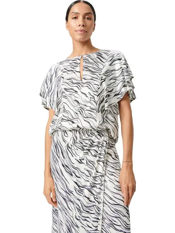 SOAKED IN LUXURY Vinka Ruffle-sleeve Blouse - White/black Wave Print
