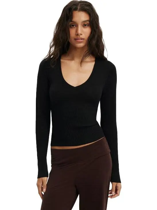 COTTON ON Long Sleeve Ribbed V-neck Pullover - Black