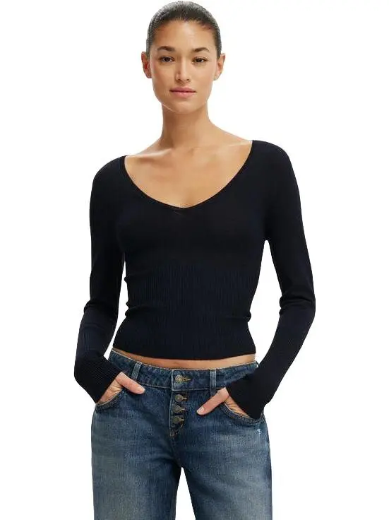 COTTON ON Long Sleeve Ribbed V-neck Pullover - Navy
