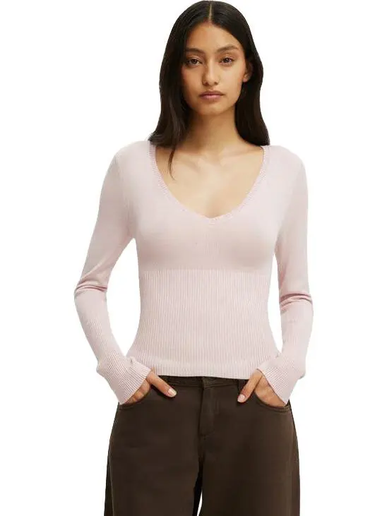 COTTON ON Long Sleeve Ribbed V-neck Pullover - Pink