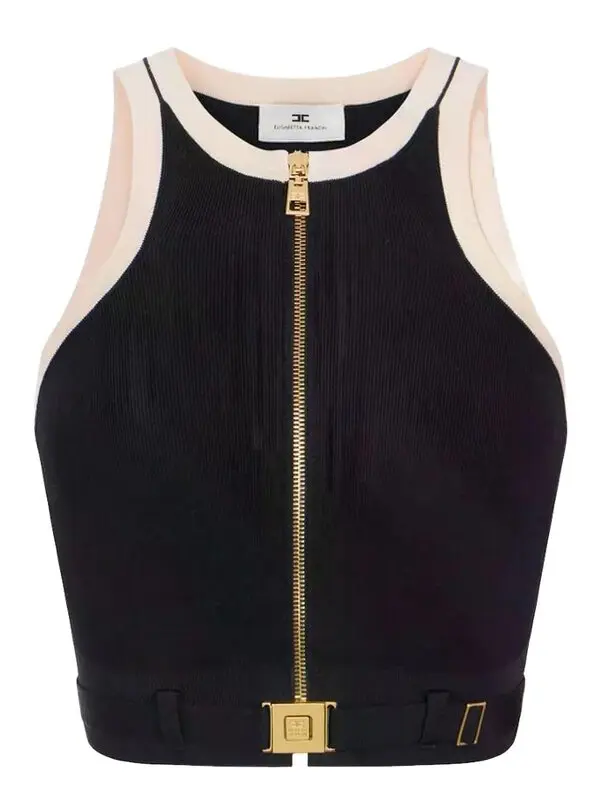 Elisabetta Franchi Knit Racerback Top With Shiny Viscose Bands And Belt - Black