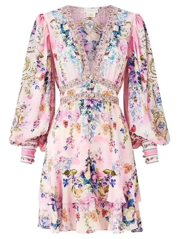 Camilla V-neck Button Mini Dress - Pink