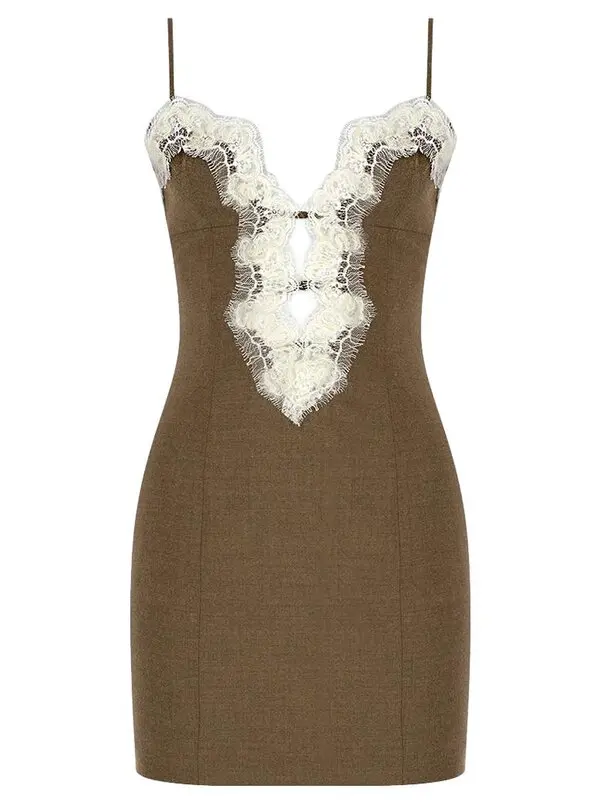 Zeynep Arçay Lace Trim Mini Wool Dress - Camel