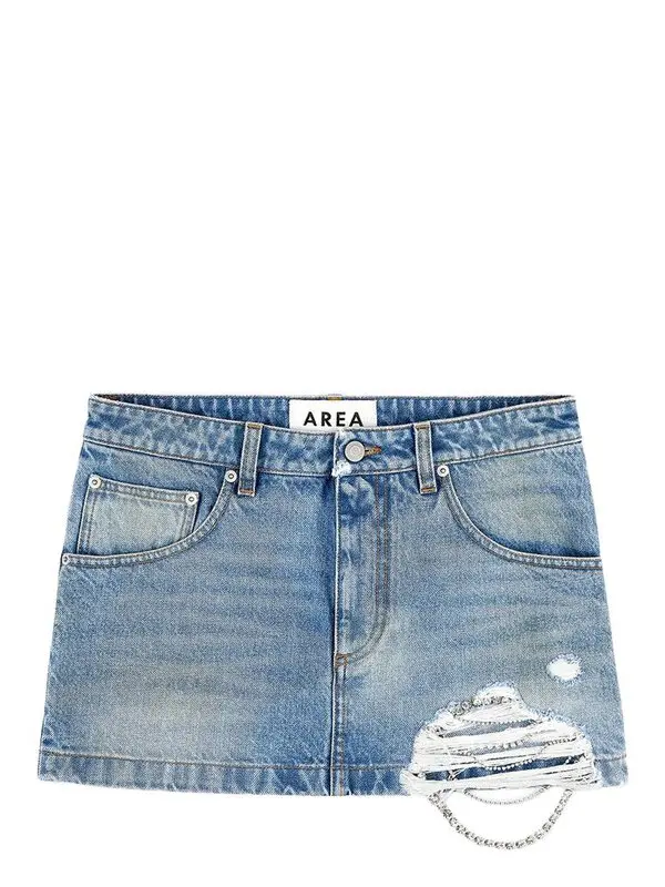 AREA Crystal-embellished Frayed Denim Mini Skirt - Blue