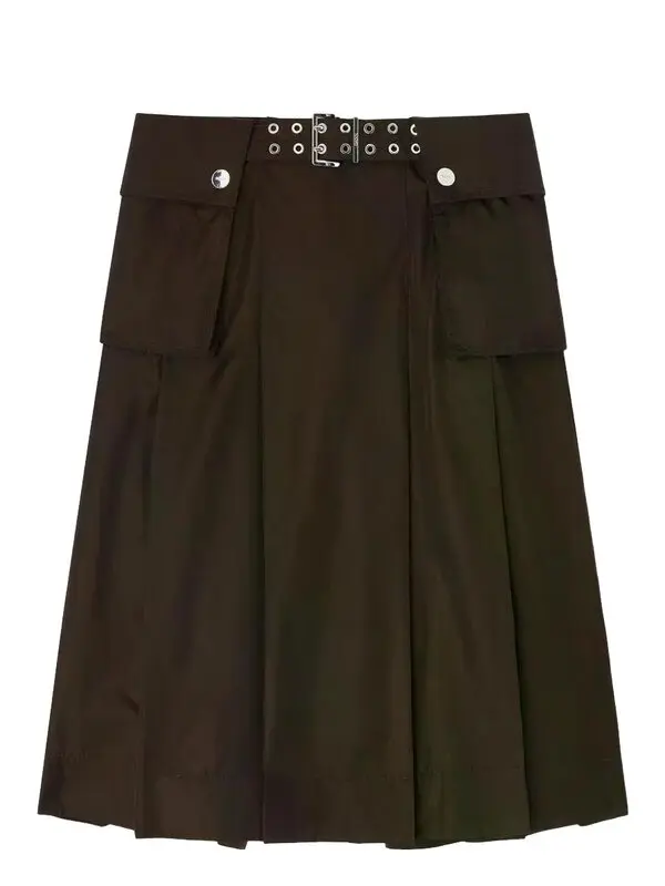 GANNI Pleated Belted Midi Skirt - Brown
