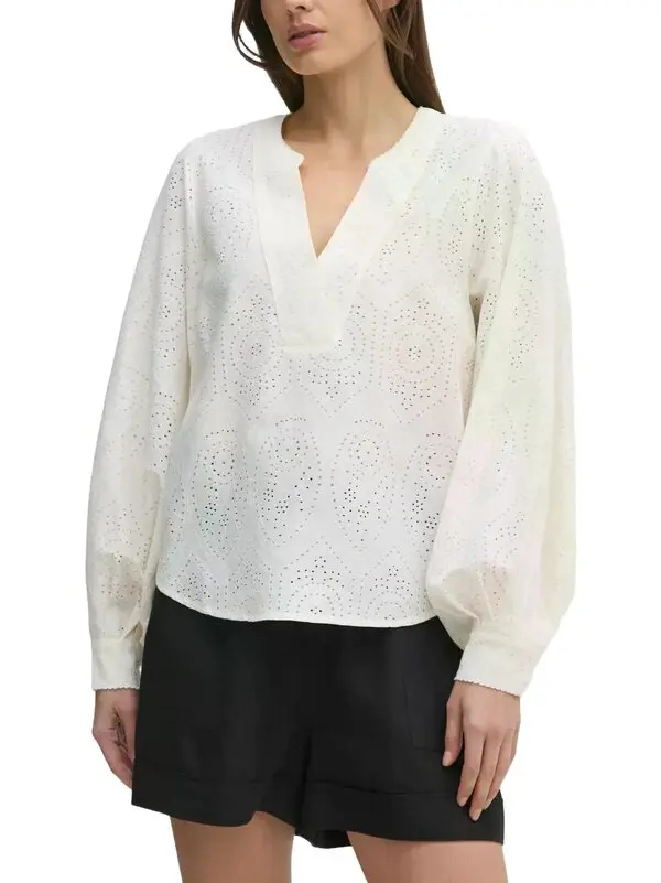 MOS MOSH Eyelet V-neck Blouse - White