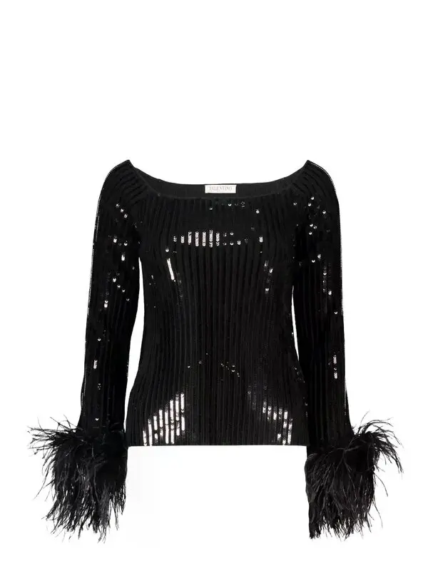 Valentino Garavani Sequin Feather-trim Top - Black