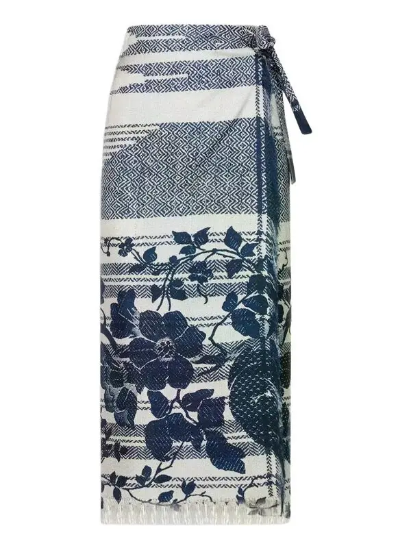 PIERRE-LOUIS MASCIA Aloe Fringed Floral Wrap Midi Skirt - Blue