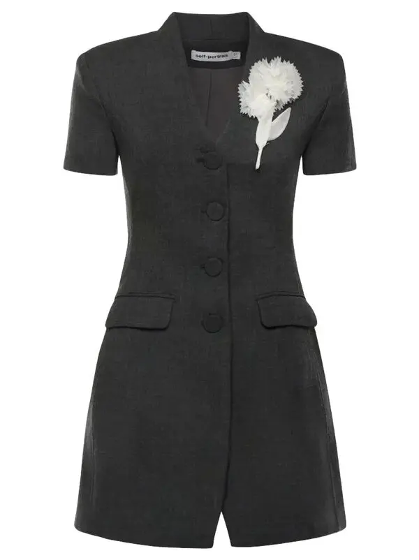 SELF-PORTRAIT Floral Appliqué Buttoned Dress - Grey
