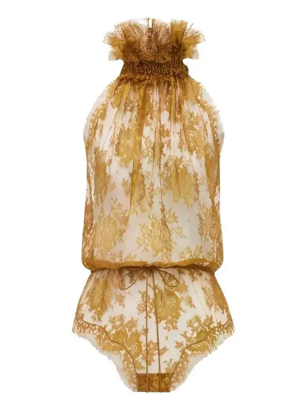 Saint Laurent Ruffled Lace Bodysuit - Gold