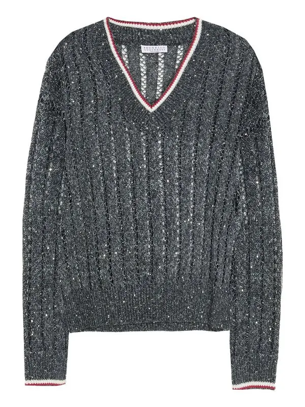 Brunello Cucinelli Sequin-embellished Linen-blend Sweater - Navy