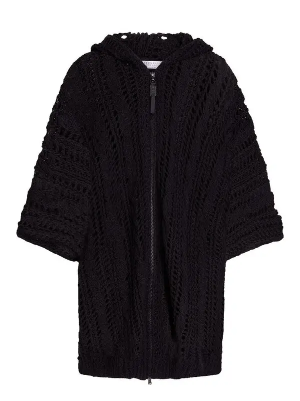 Brunello Cucinelli Bead-embellished Open-knit Jute-blend Hooded Cardigan - Black