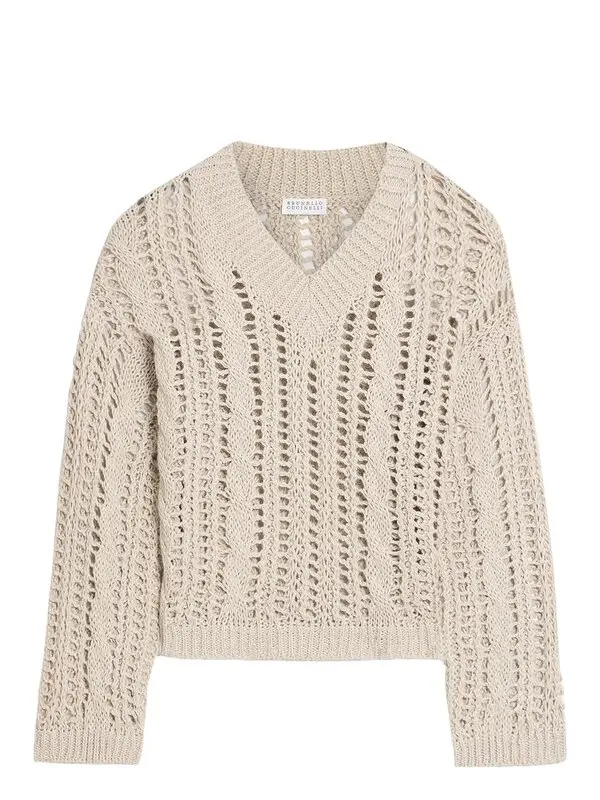 Brunello Cucinelli Cable And Open-knit Jute-blend Sweater - Mushroom