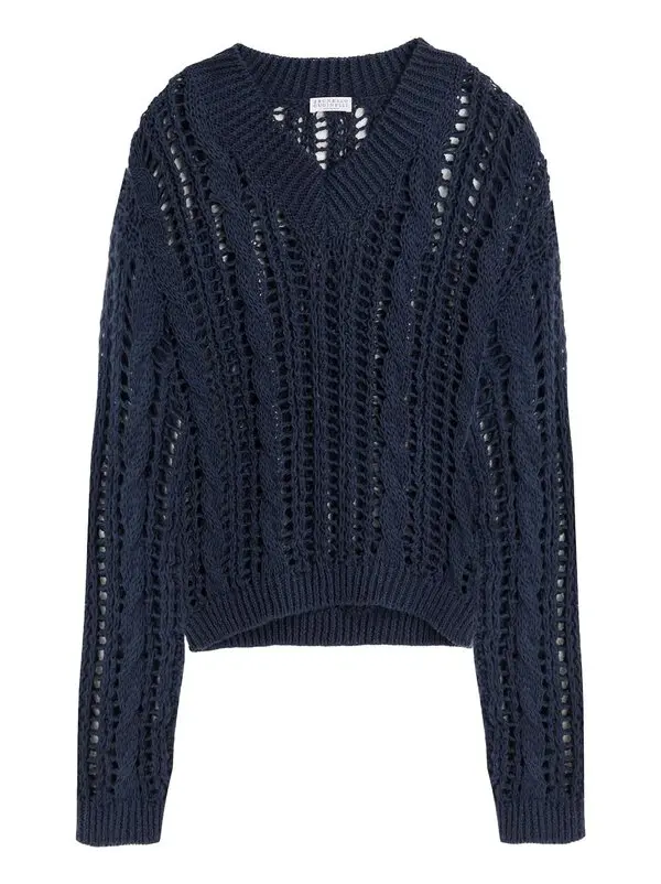 Brunello Cucinelli Open-knit Jute-blend Sweater - Navy