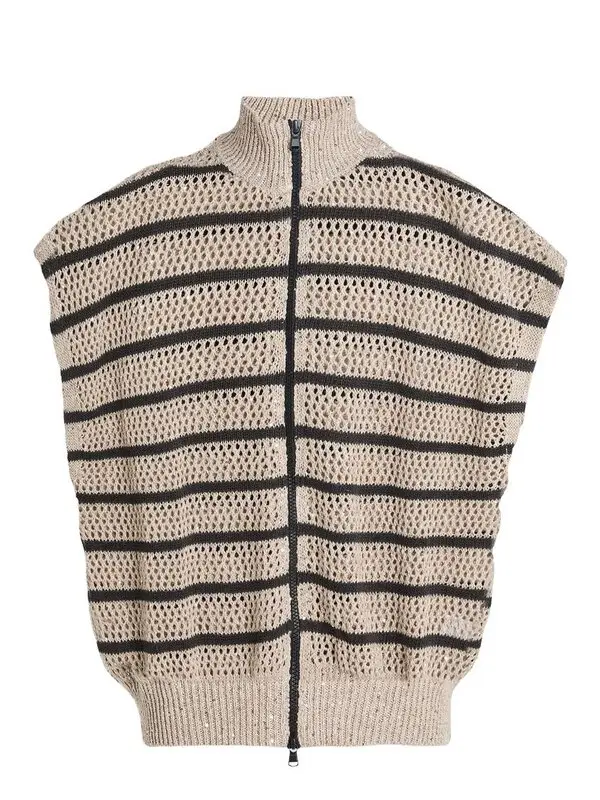 Brunello Cucinelli Striped Open-knit Linen-blend Vest - Stone