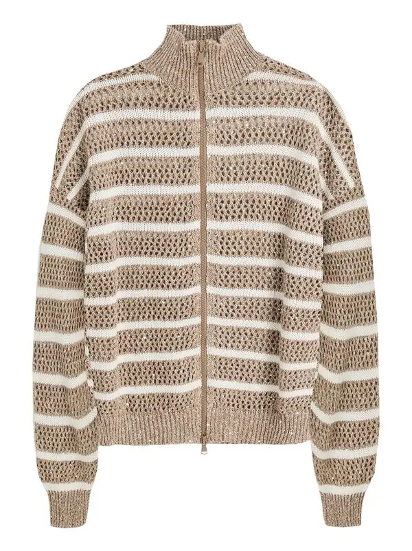 Brunello Cucinelli Striped Open-knit Linen-blend Cardigan - Mushroom