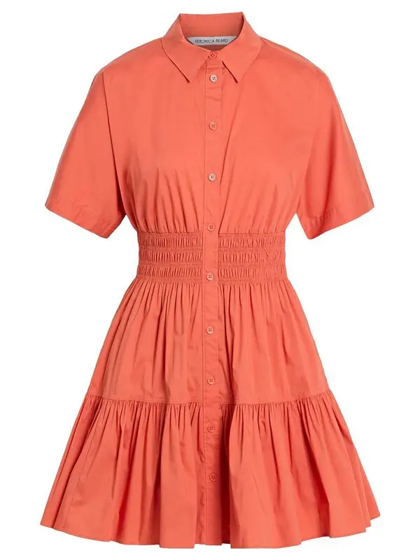 Veronica Beard Greta Shirred Cotton-blend Poplin Mini Shirt Dress - Papaya