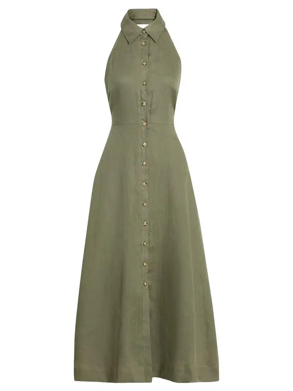 Veronica Beard Mackey Linen Halterneck Midi Dress - Army Green