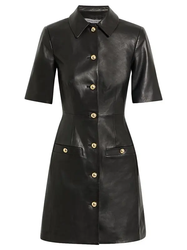 Veronica Beard Paige Leather Mini Shirt Dress - Black