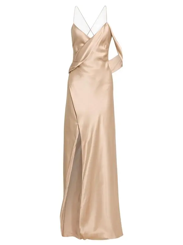 Michelle Mason Draped Silksatin Wrap Gown - Neutral