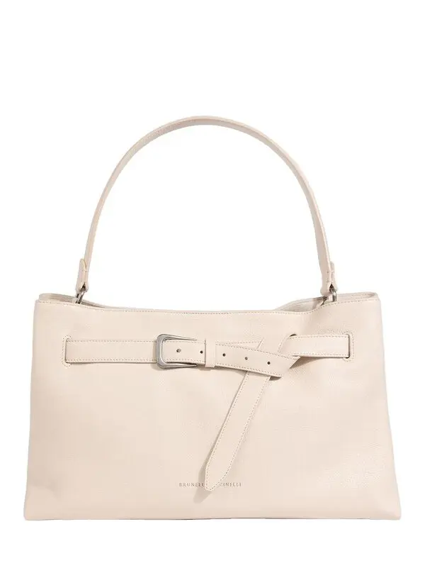 Brunello Cucinelli Buckle-detailed Pebbled-leather Tote - Ecru