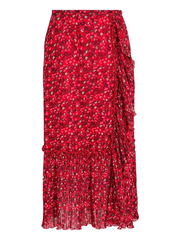 GANNI Pleated Floral-print Crepe Midi Skirt - Red