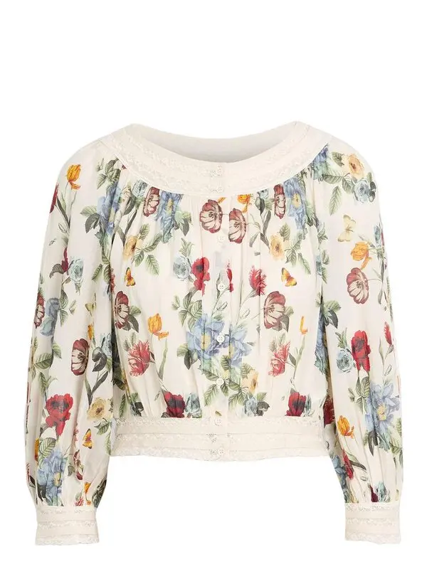 Alice + Olivia Floral-print Cotton-gauze Top With Lace Trims - Ecru