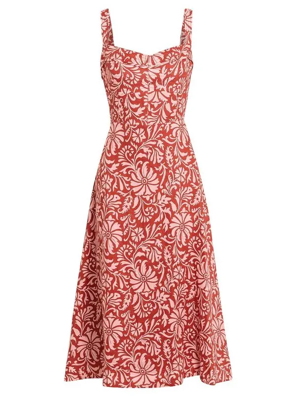 Veronica Beard Aila Floral-print Linen Midi Dress - Brick