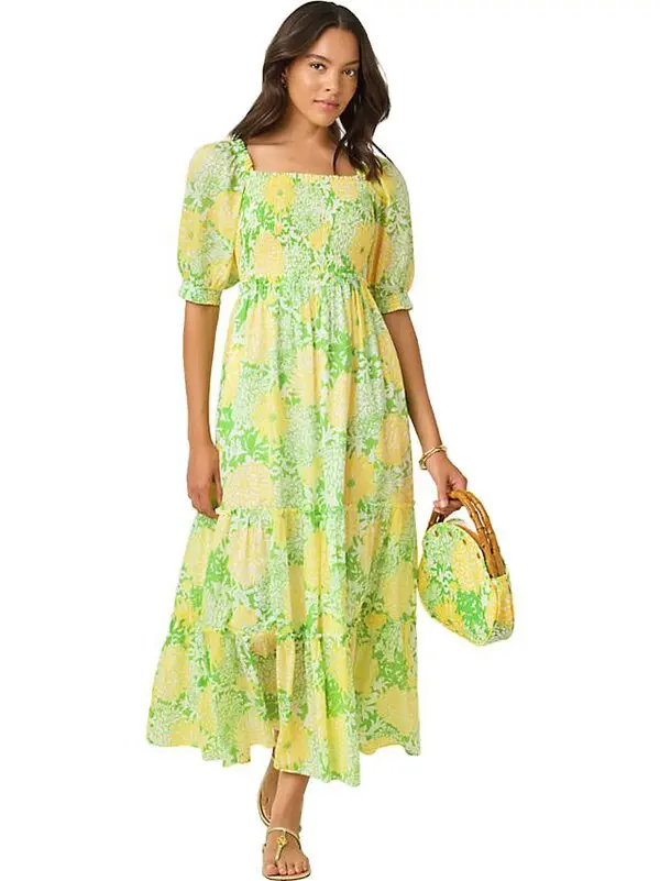 Lilly Pulitzer® Hadly Short Sleeve Smocked Maxi Dress - Crocodile Green Mumbo Jumbo