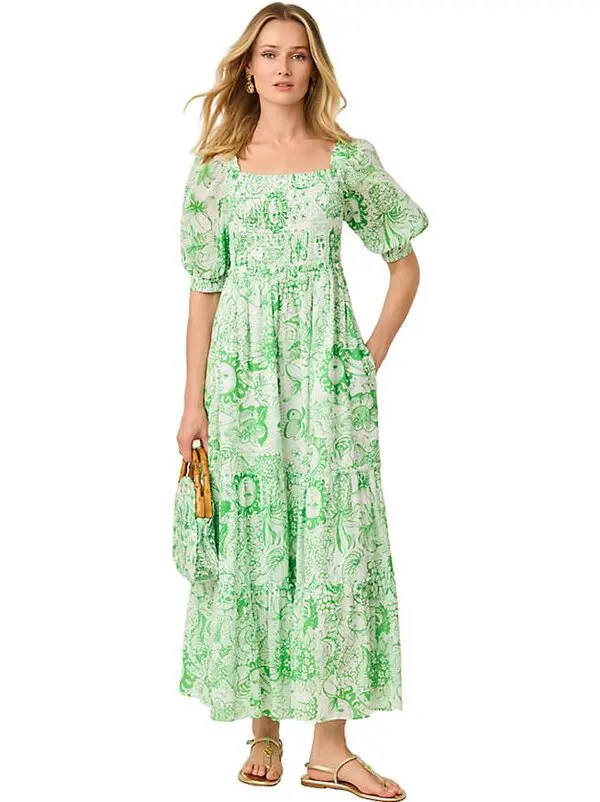 Lilly Pulitzer® Hadly Short Sleeve Smocked Maxi Dress - Putting Green Fleur De Lilly