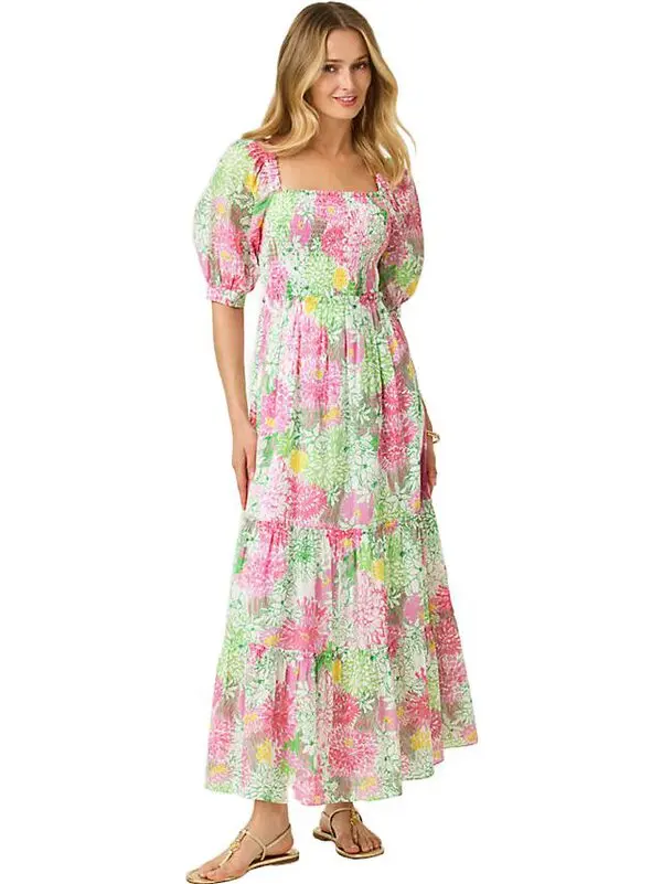 Lilly Pulitzer® Hadly Short Sleeve Smocked Maxi Dress - Resort White Mum Patch