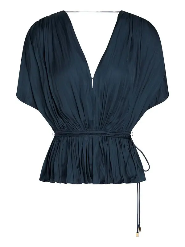 Maje Pleated Satin Peplum Top - Navy