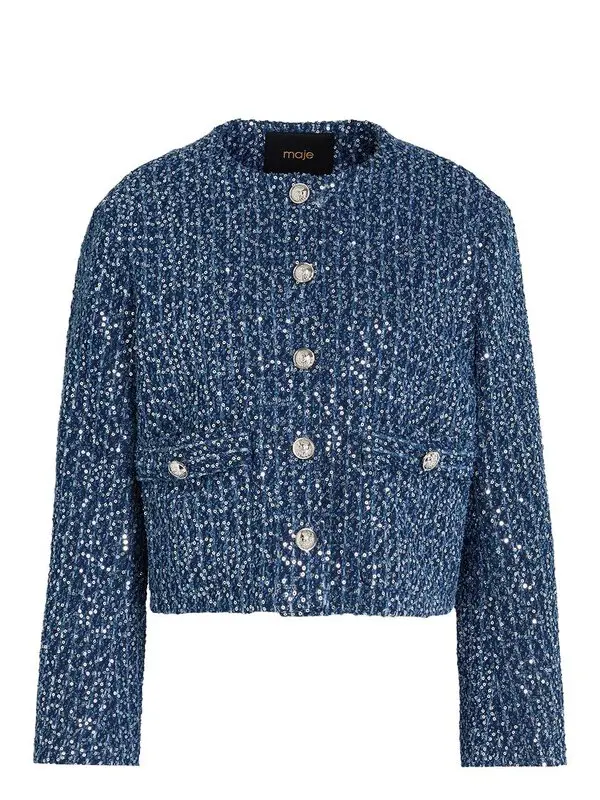 Maje Sequined Denim Jacket - Dark Denim