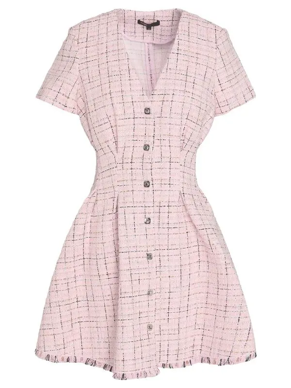 Maje Checked Metallic Tweed Mini Shirt Dress - Baby Pink