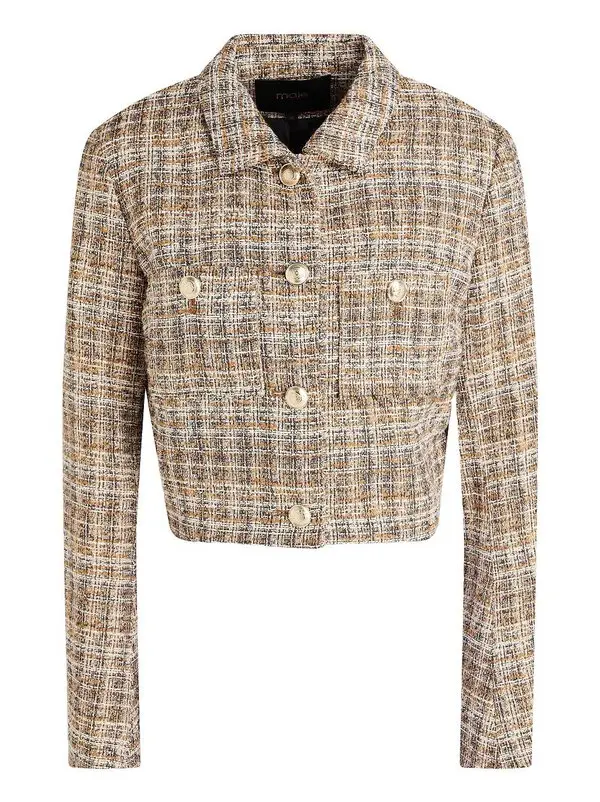 Maje Metallic Tweed Cropped Jacket - Light Brown