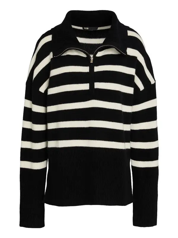 Maje Striped Cashmere-blend Half-zip Sweater - Black