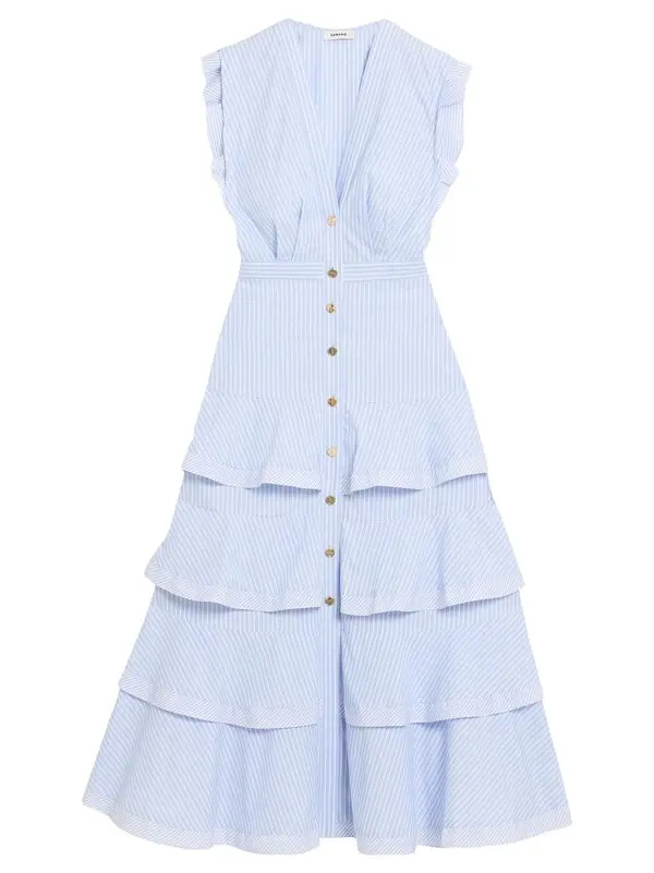 Sandro Tiered Striped Cotton Midi Dress - Light Blue